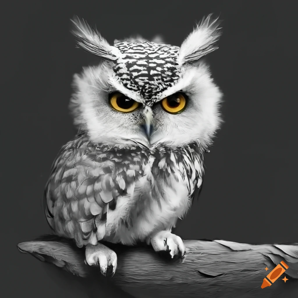 Cute fuzzy old realistic owl perched in grayscale on Craiyon