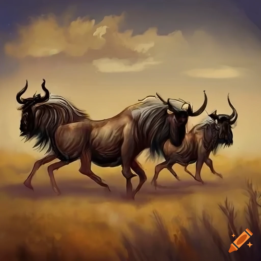 Herd of wildebeest charging across the plains in a fantasy art style on ...