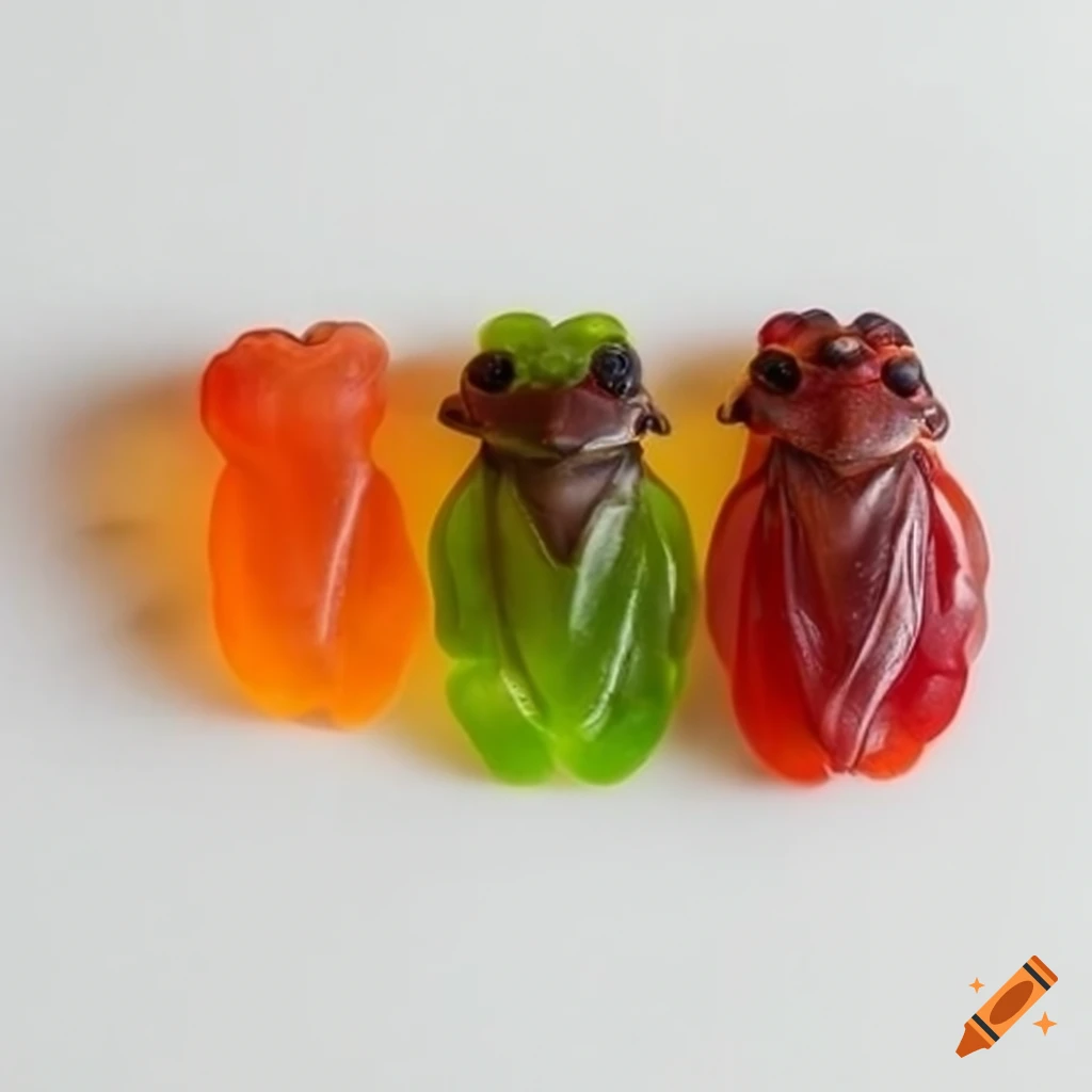 Vibrant and quirky cicada-shaped gummy candies on Craiyon