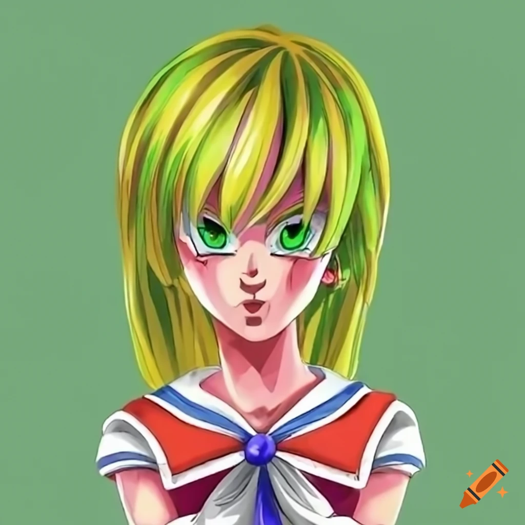 Yellow-green-haired dragon ball girl in sailor scout costume on Craiyon