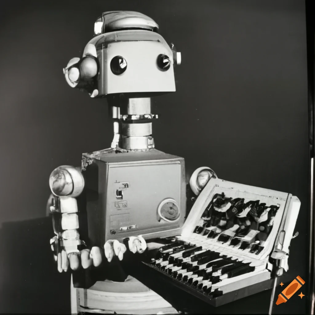 1960's b&w photograph of a robot made from moog synthesizers on Craiyon