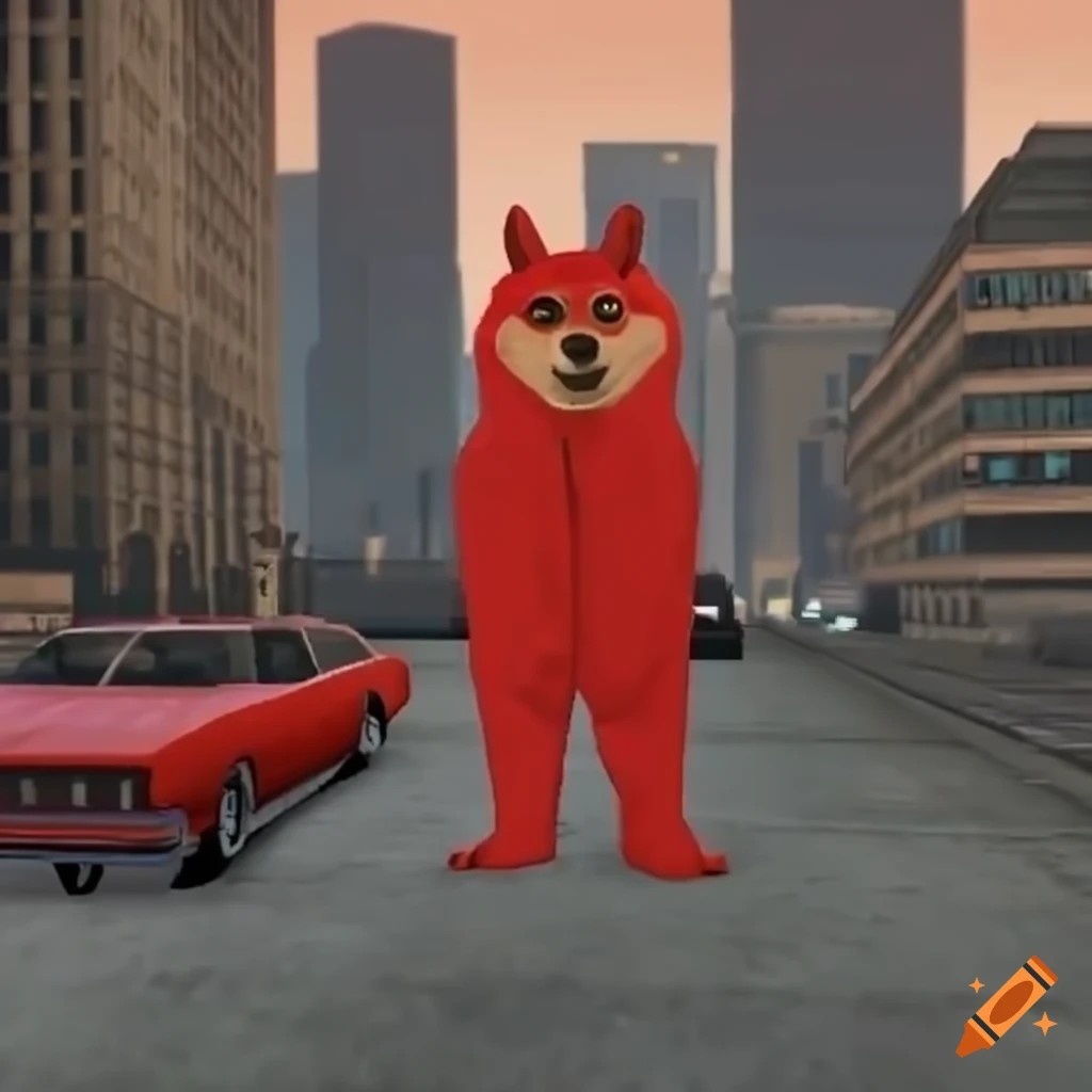 Riding a giant red doge through a vibrant city in a game on Craiyon