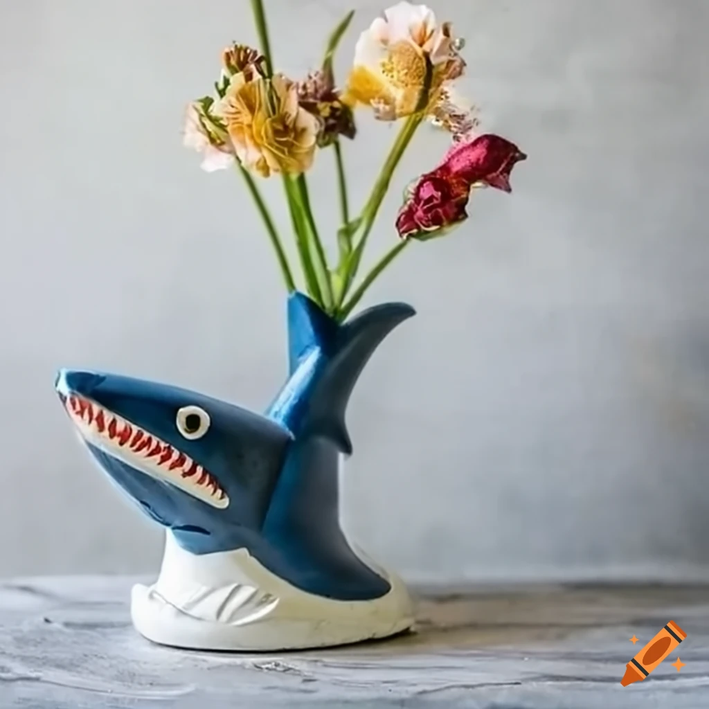 Shark-themed vase with wilted flowers on Craiyon