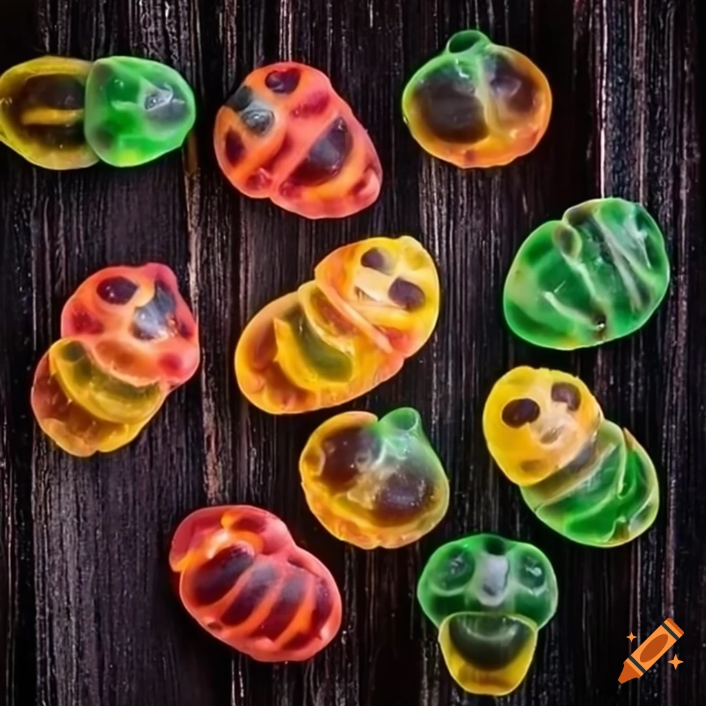 Collection of quirky cicada-shaped gummy candies on Craiyon