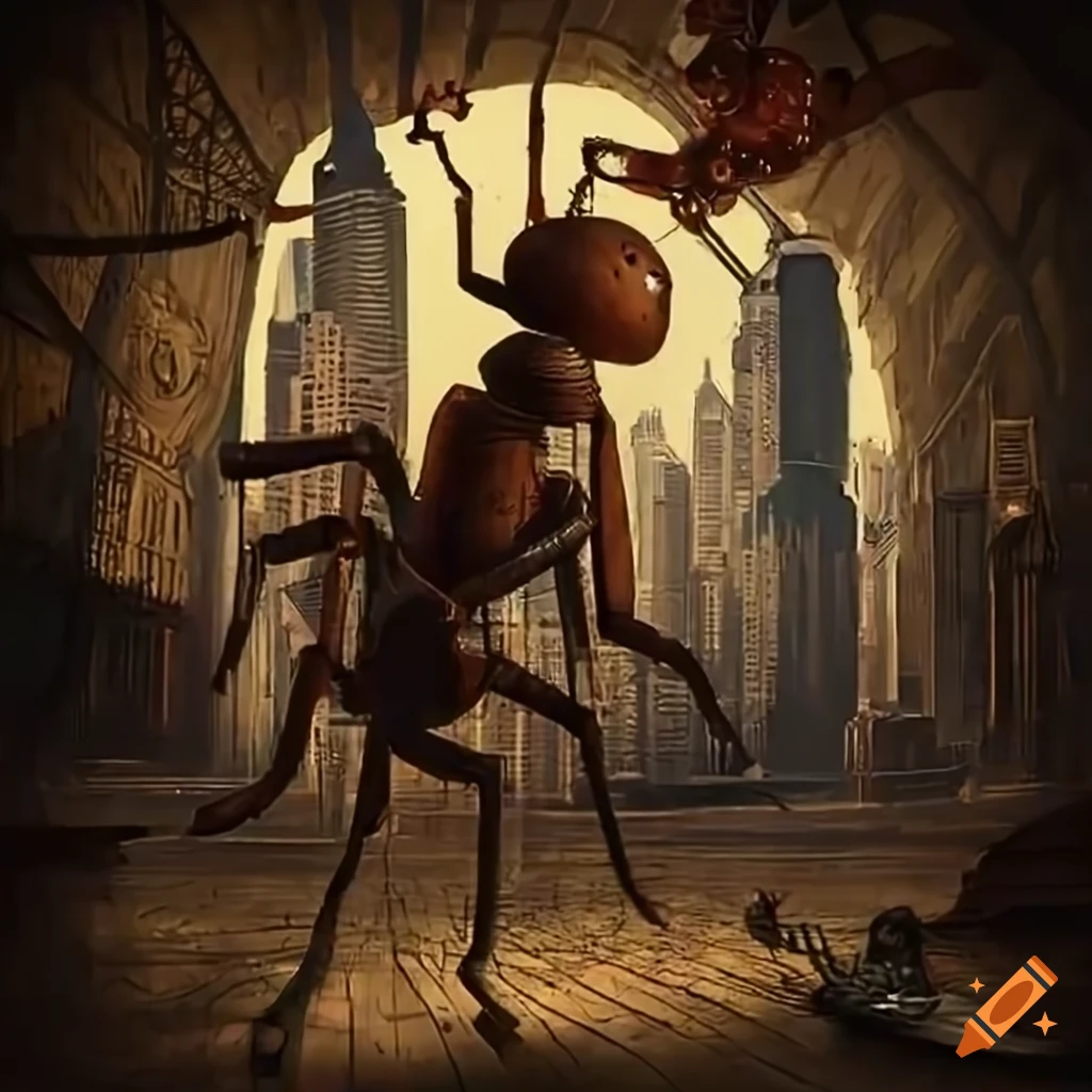Steampunk-style cityscape with boy riding giant ant on Craiyon
