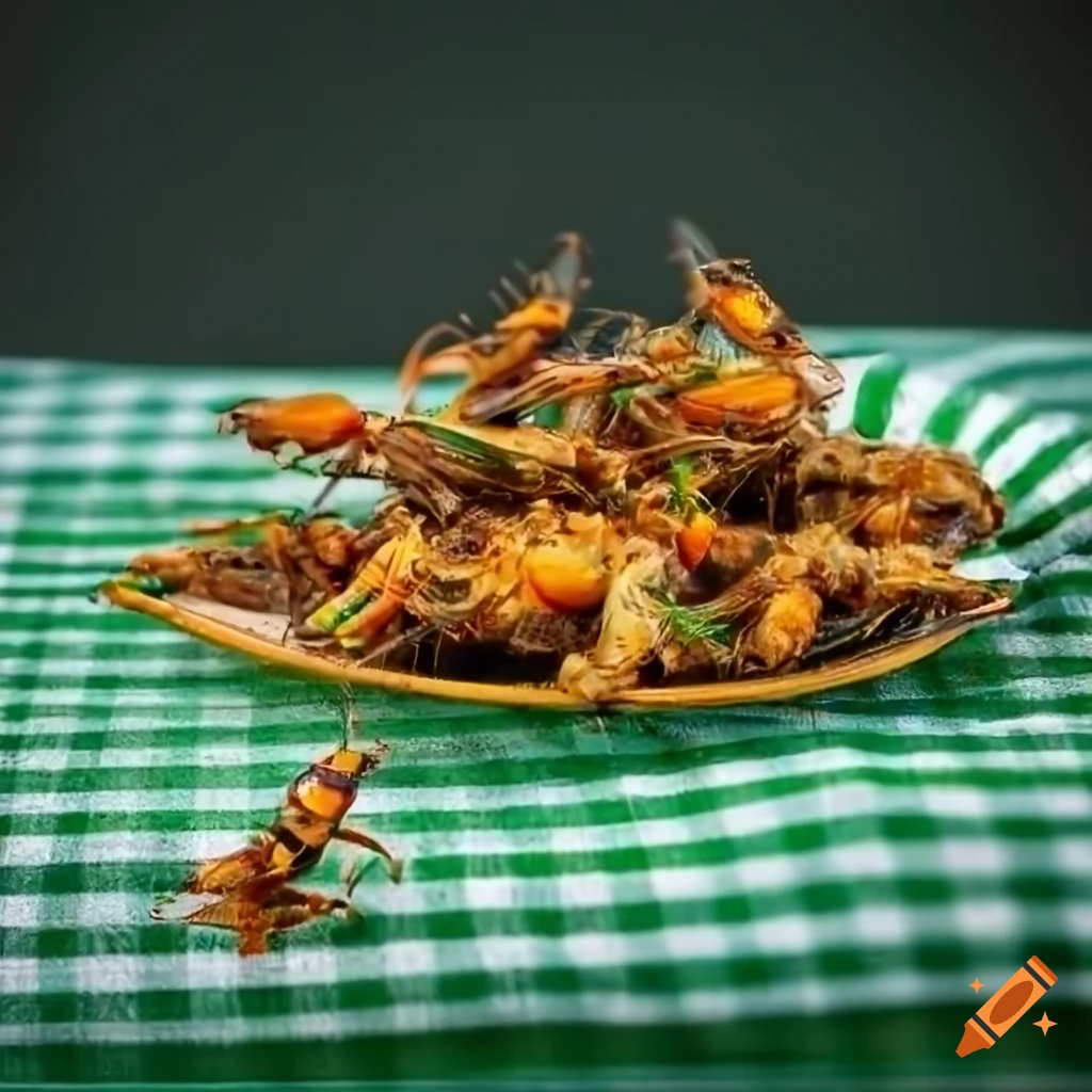 Fried cicadas with dips on tablecloth on Craiyon