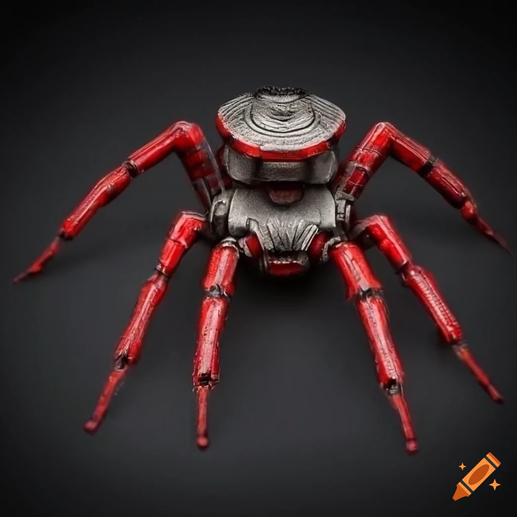 Spider mech with realistic metal and red details on Craiyon
