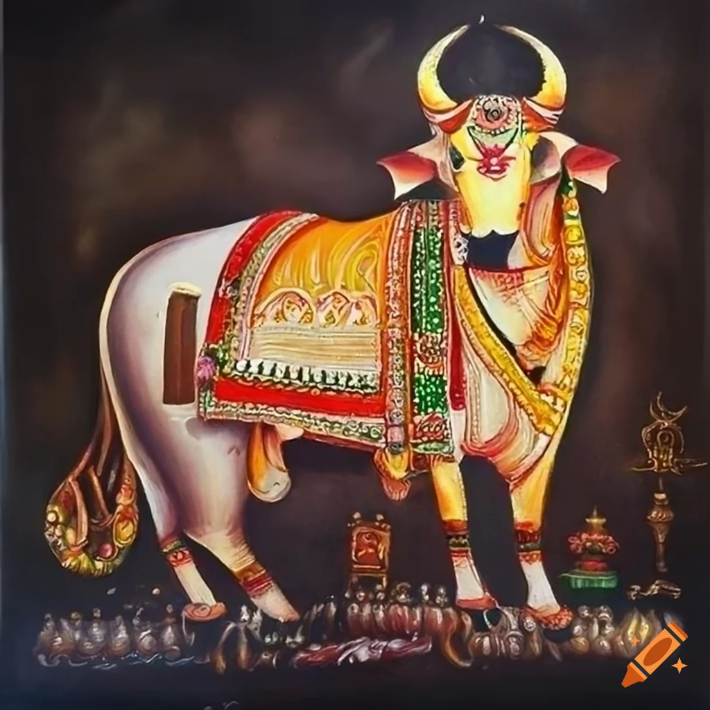 Traditional indian painting of decorated nandi cow on Craiyon