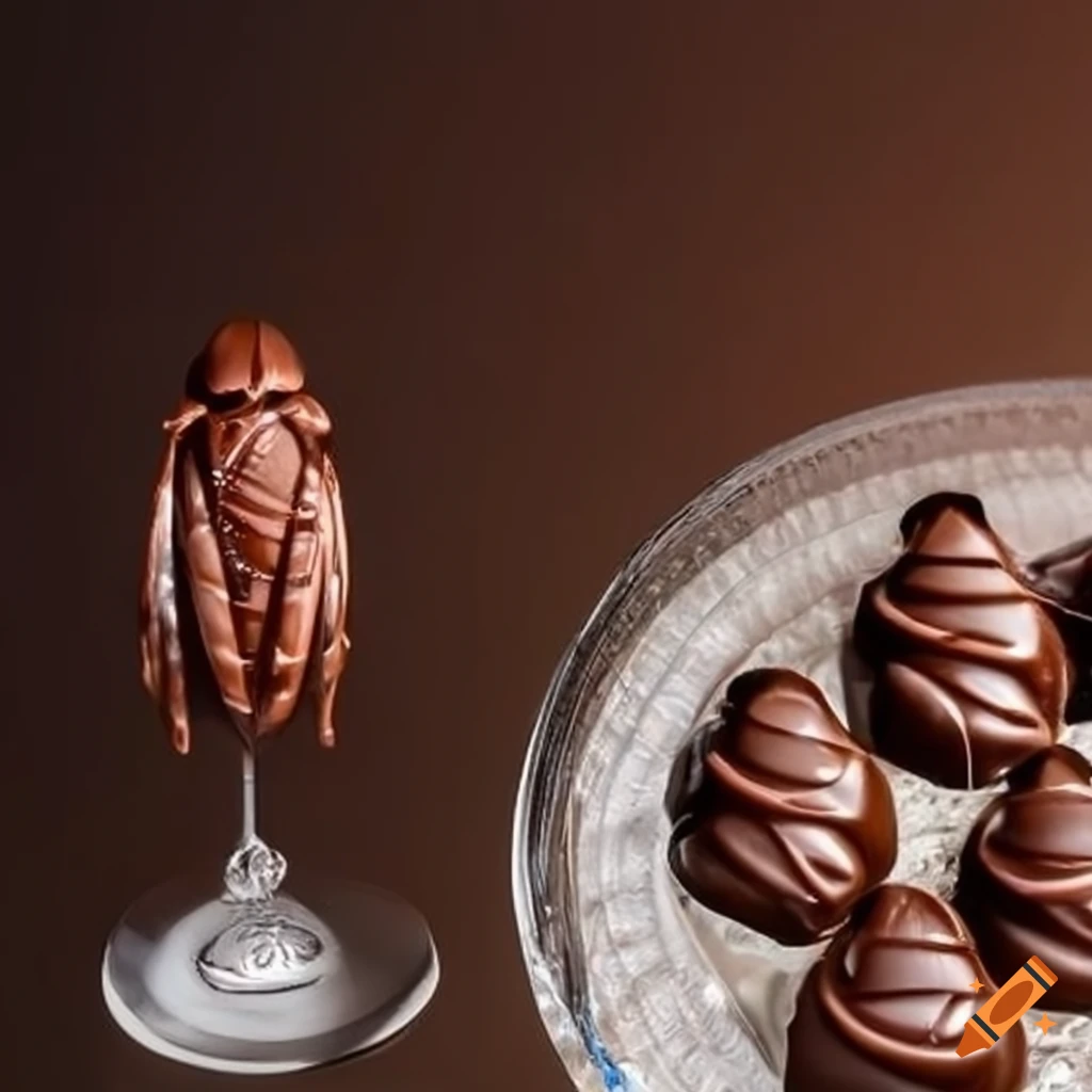 Gourmet cicada-shaped chocolates on a crystal plate on Craiyon