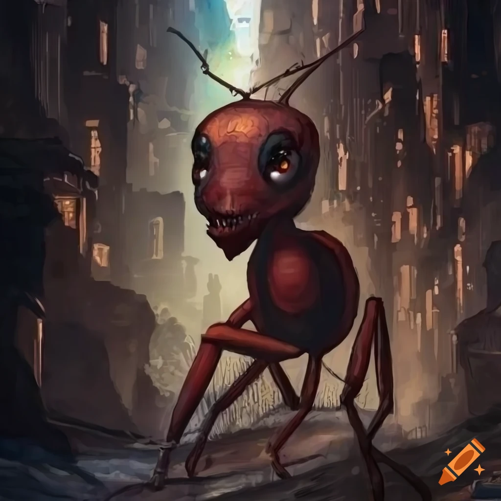 Boy riding giant ant in a detailed cityscape in a fantasy art on Craiyon