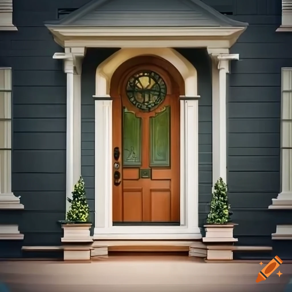 Front door of a transitional style house on Craiyon
