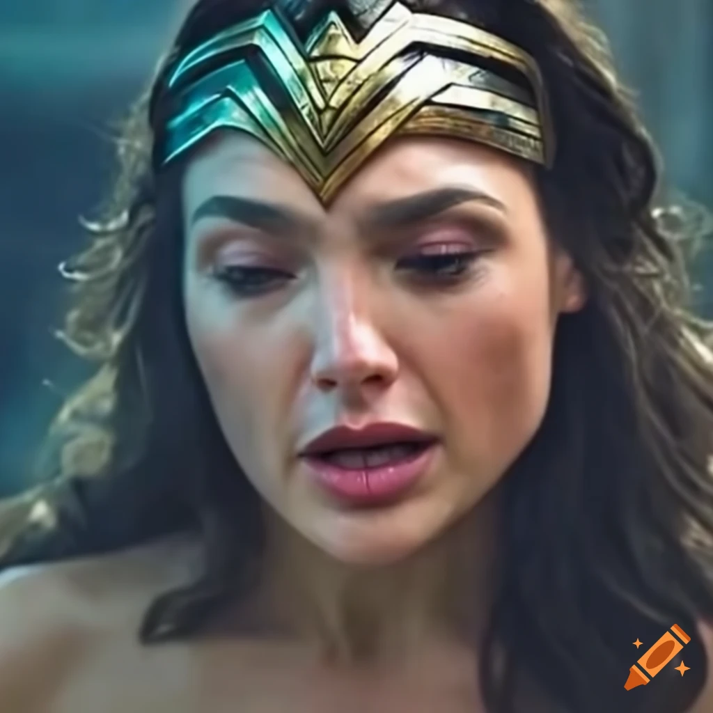 Gal gadot portraying wonder woman with a painful expression on Craiyon