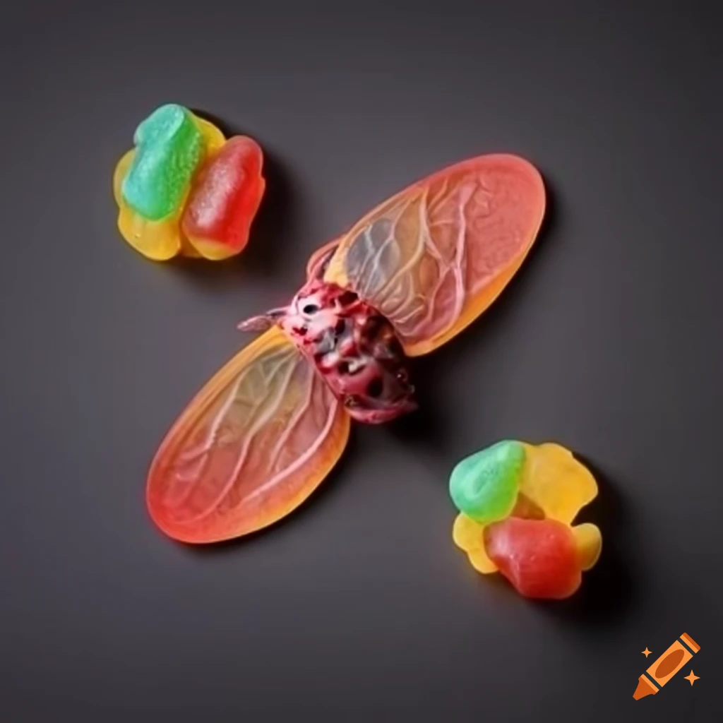 Collection of quirky cicada-shaped gummy candies on Craiyon