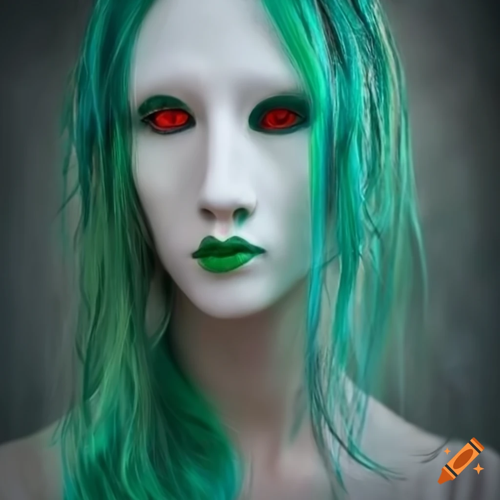 Pale skinned goddess with green hair and red eyes wearing a white mask ...