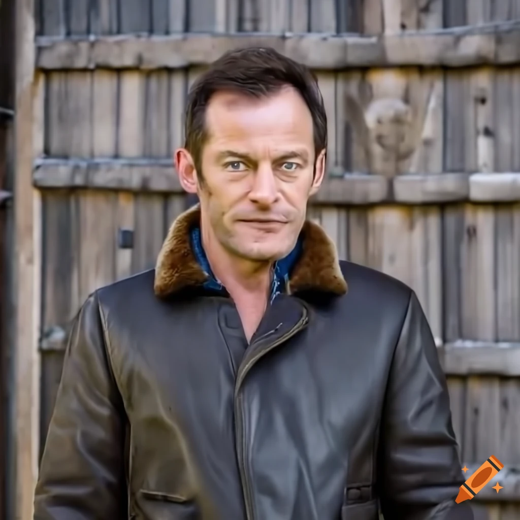 Actor resembling Jason Isaacs at 20 in a brown sheepskin bomber jacket ...