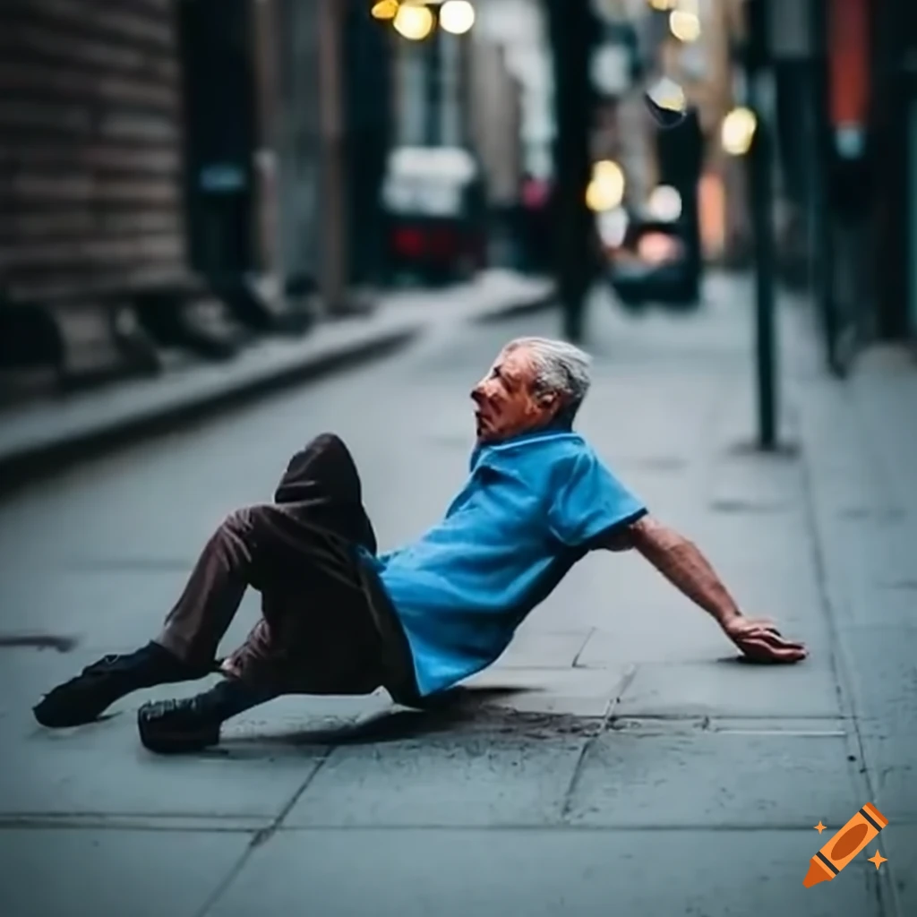 Older man tripping and falling on sidewalk on Craiyon