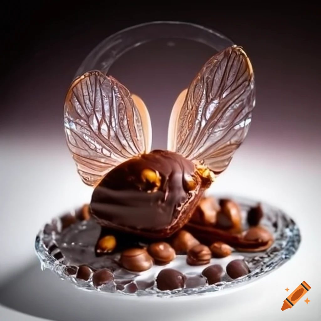 Gourmet cicada-shaped chocolates on a crystal plate on Craiyon