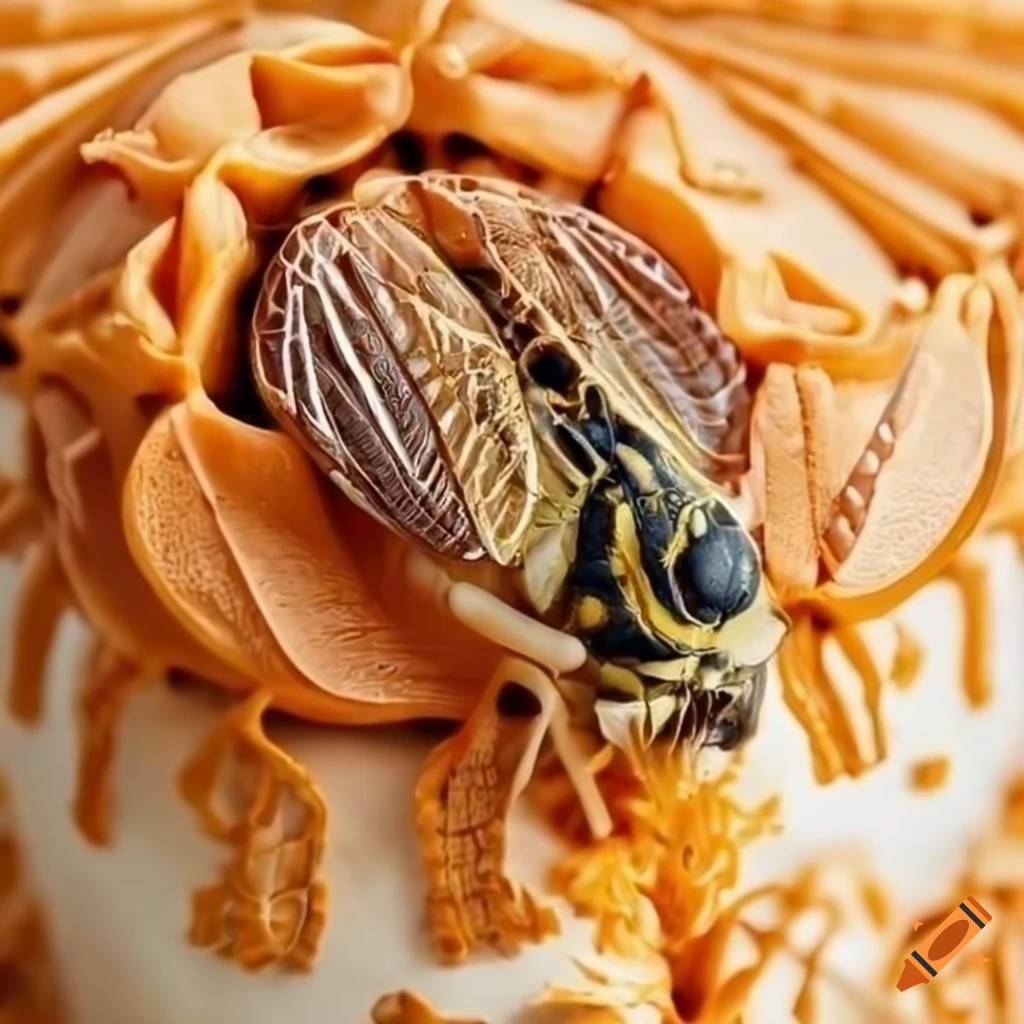 Intricate cake design shaped like a cicada on Craiyon