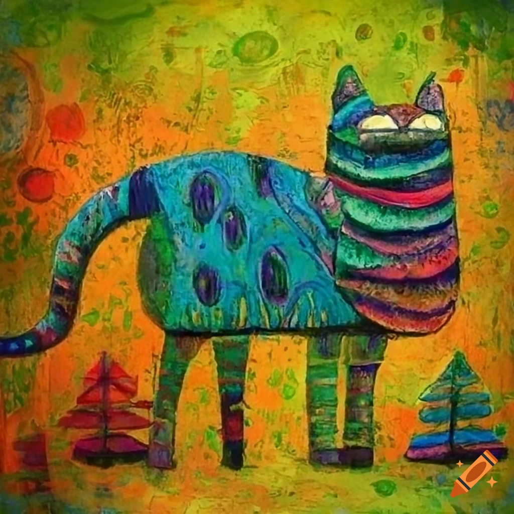 Primitive naive art of cats, house, trees, and swamp pond in colored ...