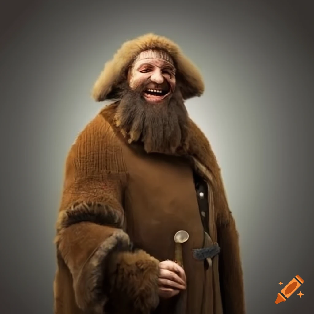 Smiling bearded medieval merchant in furry overcoat by a river on Craiyon