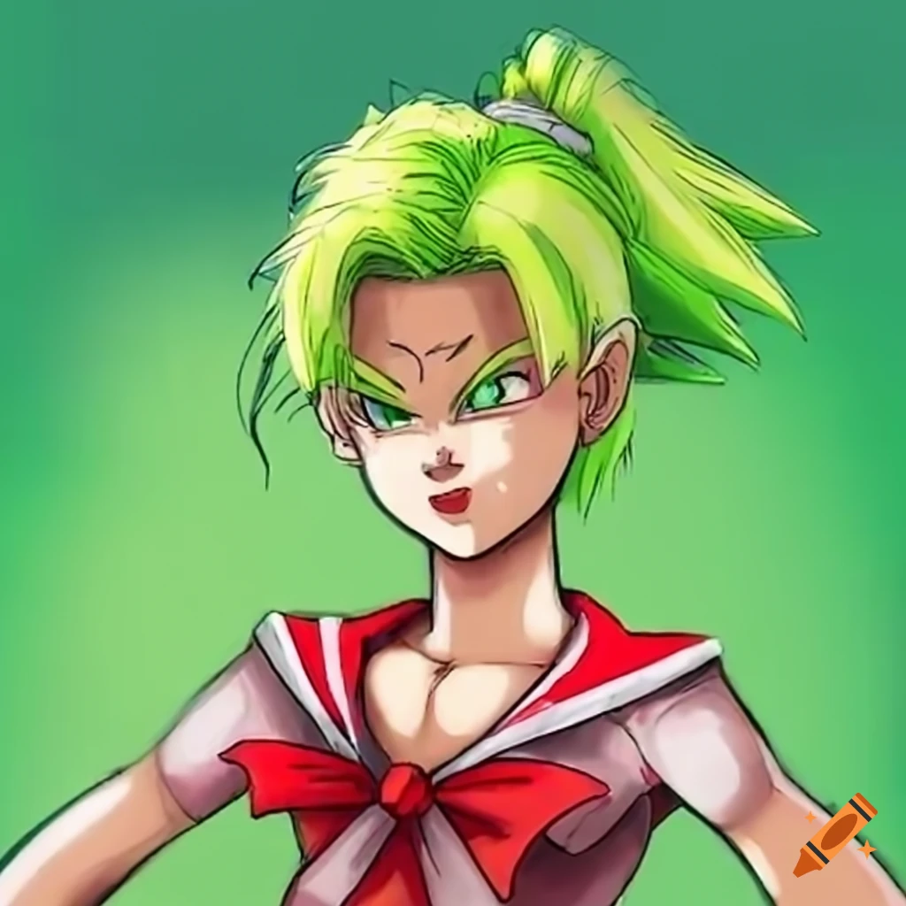 Yellow-green-haired dragon ball girl in sailor scout attire on Craiyon