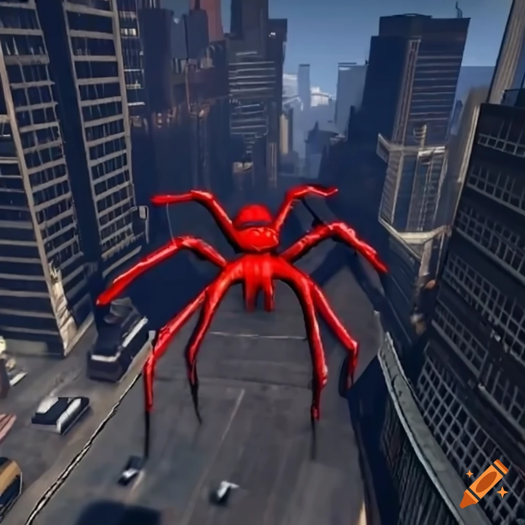 Riding a giant red spider in a vibrant city scene from grand theft auto ...