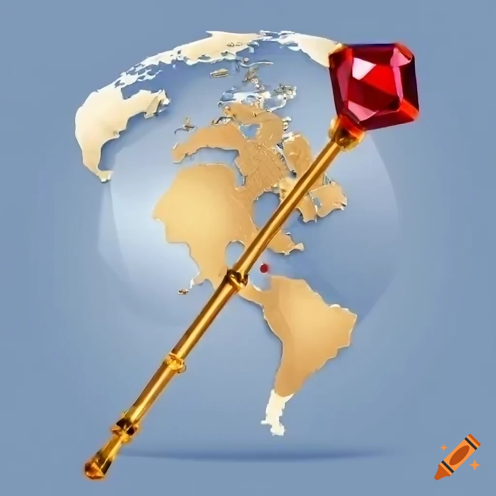 Gold and red gem long staff with world map theme on Craiyon