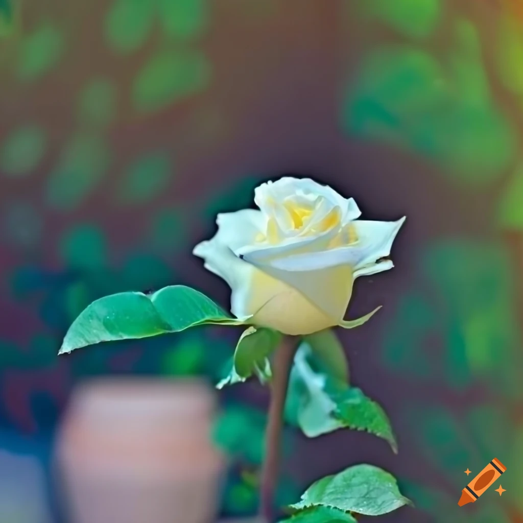 Newly bloomed white rose in a ceramic pot on Craiyon