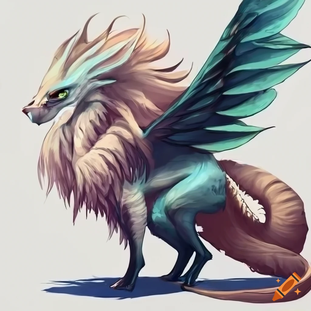 Hybrid mythical creature with kind eyes and long tail on Craiyon
