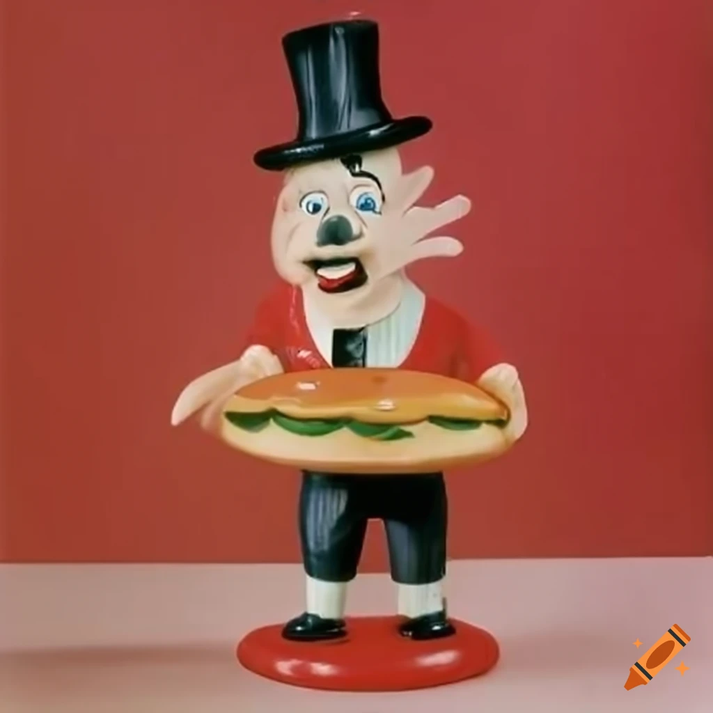 Fast food restaurant advertising mascot Mister Shitty from 1985 on Craiyon
