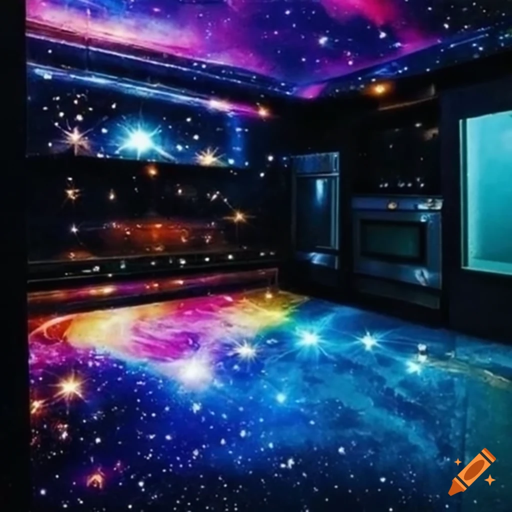 Kitchen with a cosmic universe theme featuring galactic colors and ...