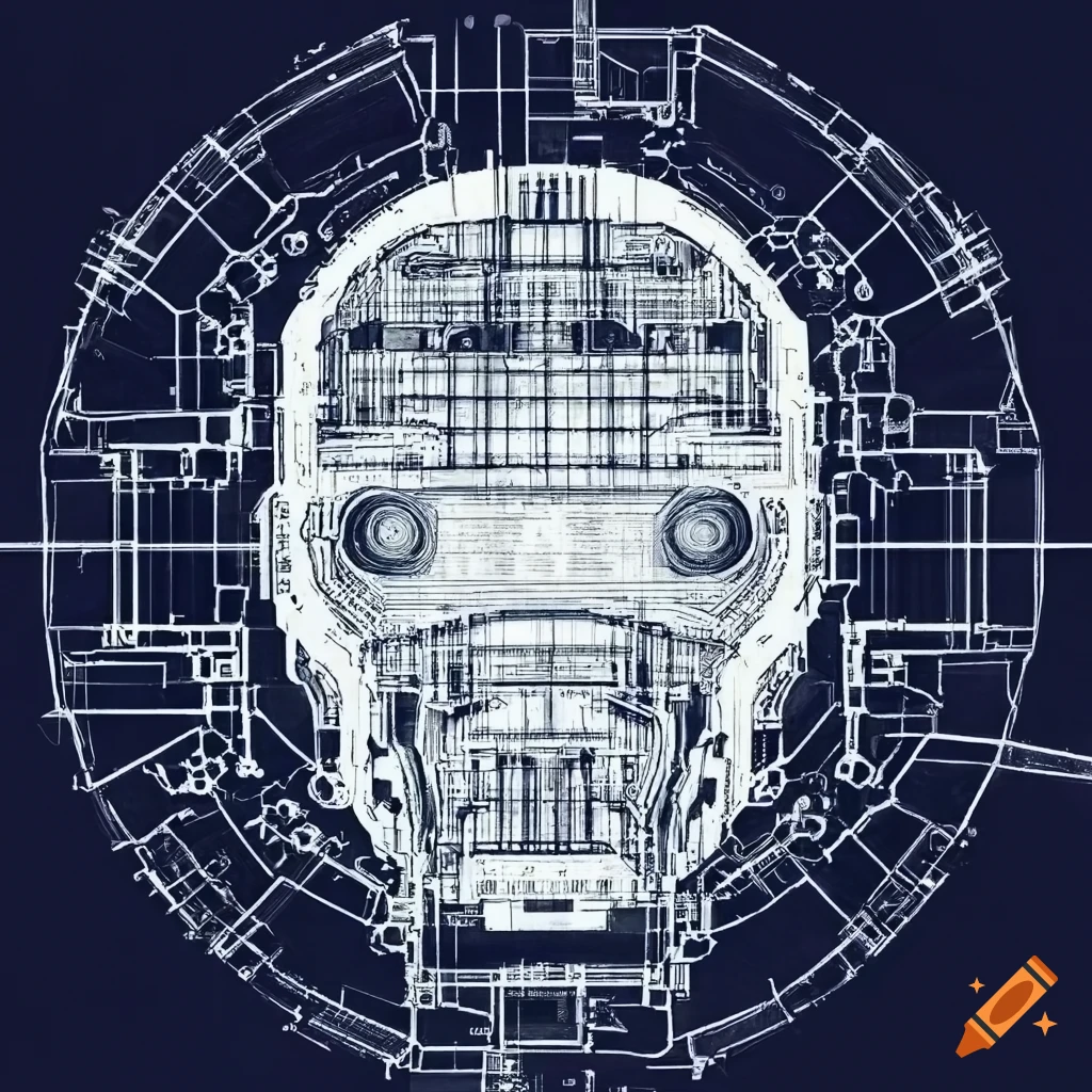 Blueprint of circuits inside a futuristic robot's head in a scifi ...