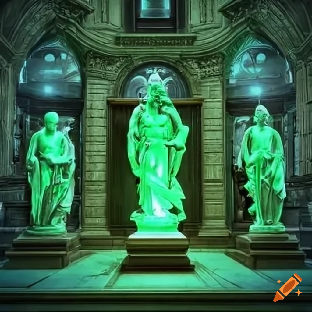 Stone statues holding book, sword, and flask in a dark library with a ...