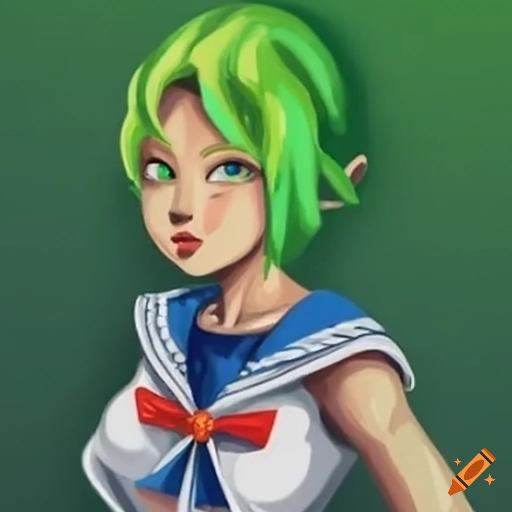 Yellow-green-haired dragon ball girl in sailor scout costume on Craiyon
