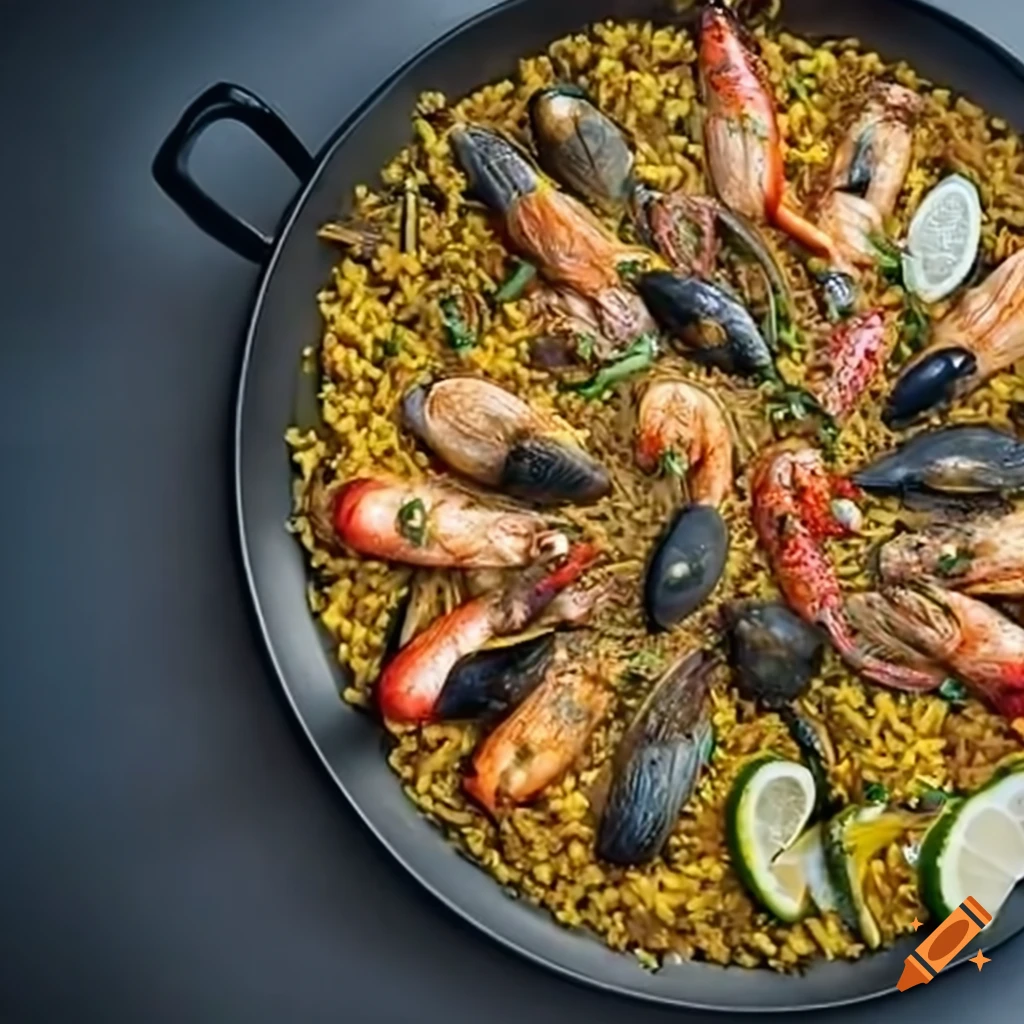 Paella dish with various ingredients on Craiyon