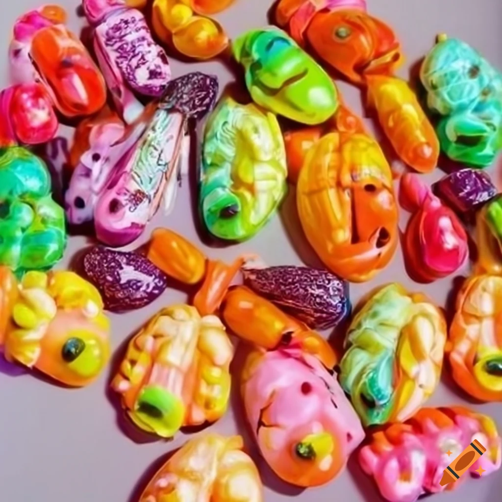 Colorful cicada-shaped candy collection on Craiyon