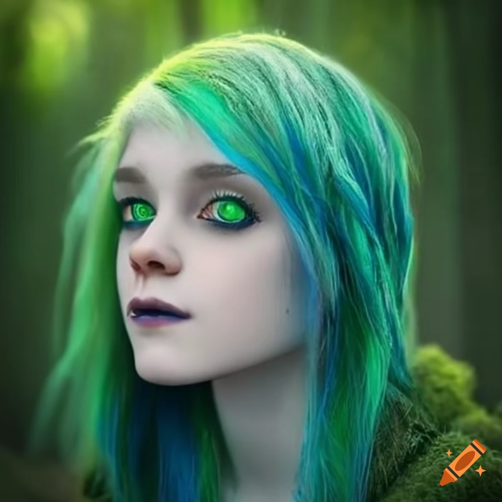 Jack Frost with soft green skin, green eyes, moss hair in a green ...