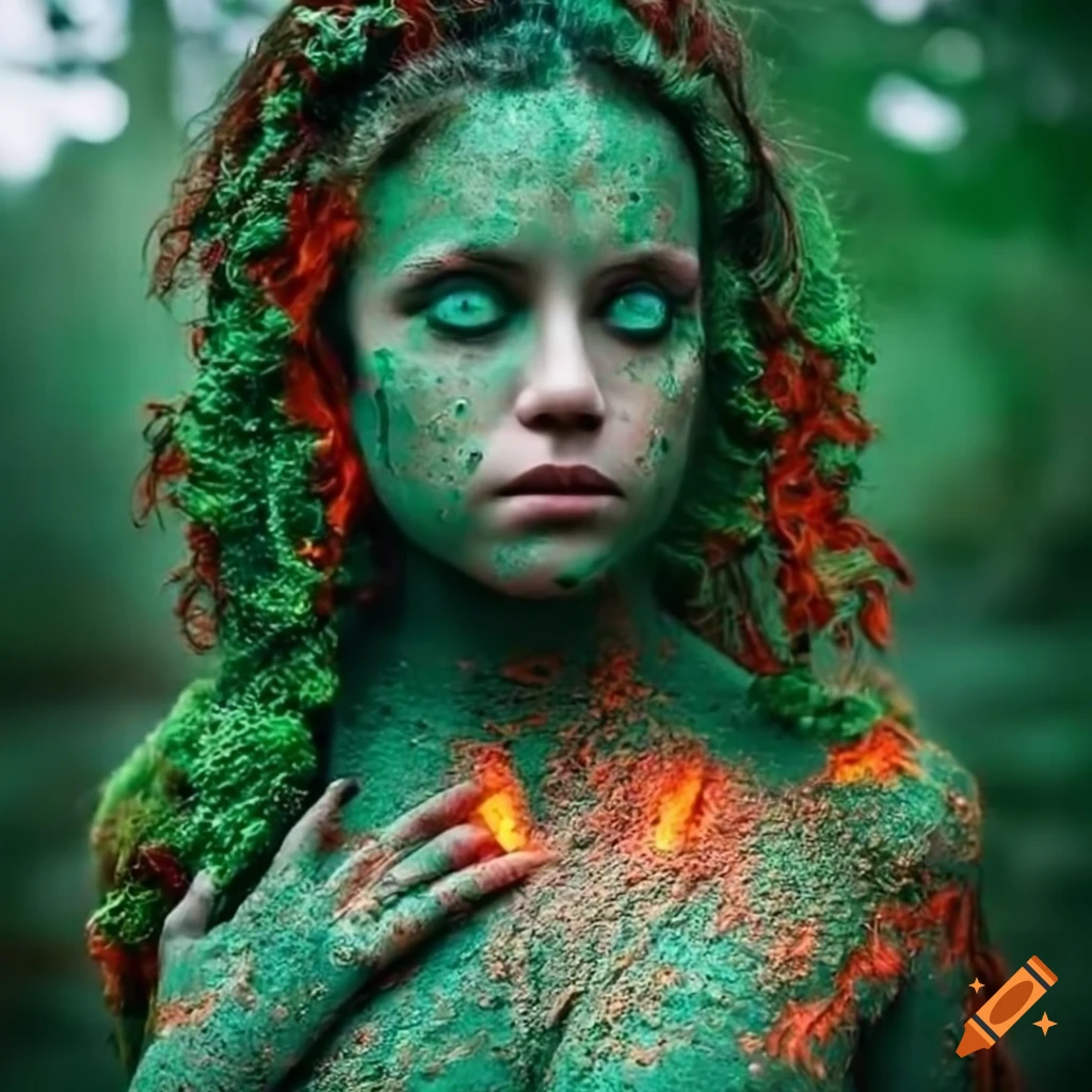 Mystical portrait of lava girl covered in moss in a green forest on Craiyon