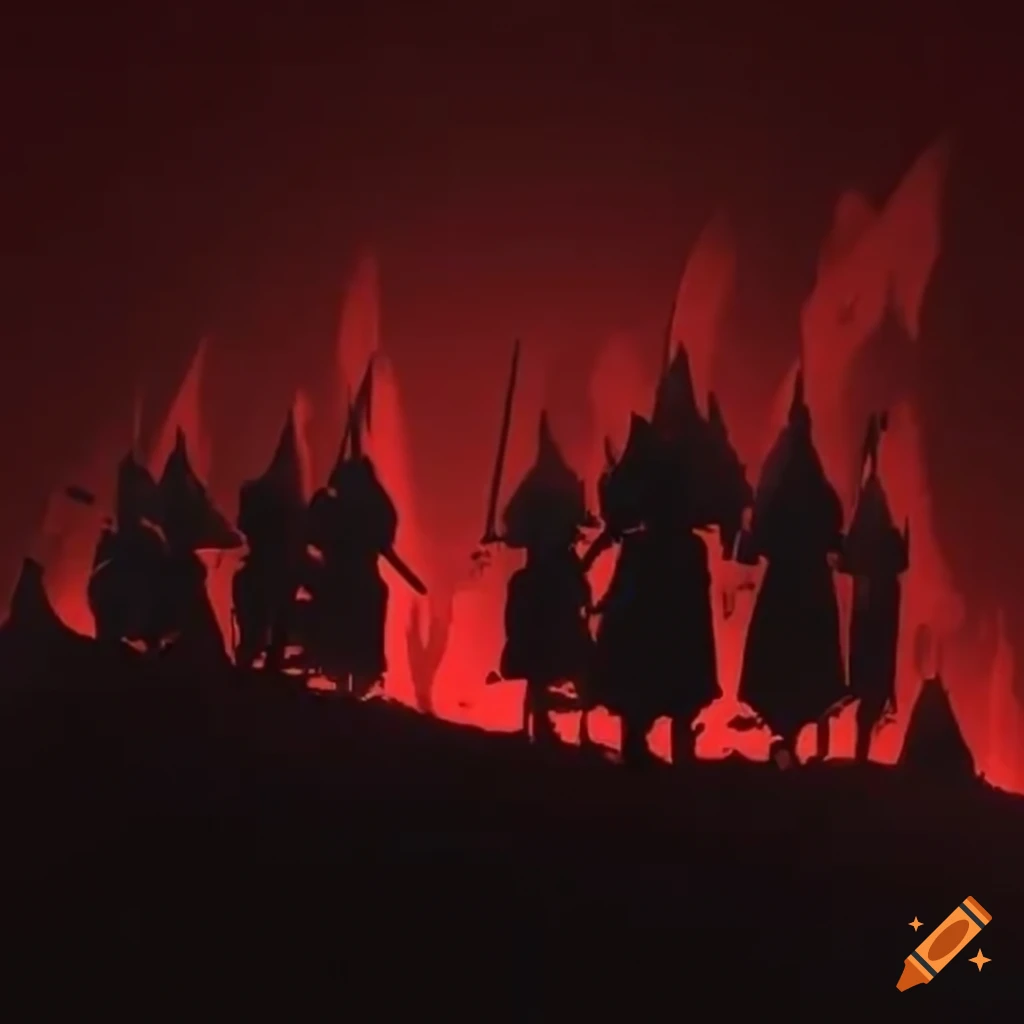 Army of knights illuminated by red fire glow on Craiyon