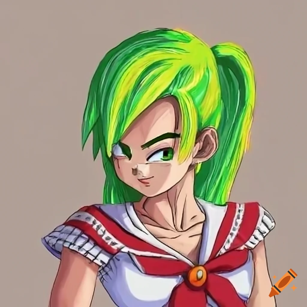 Yellow-green-haired dragon ball girl in sailor scout attire on Craiyon