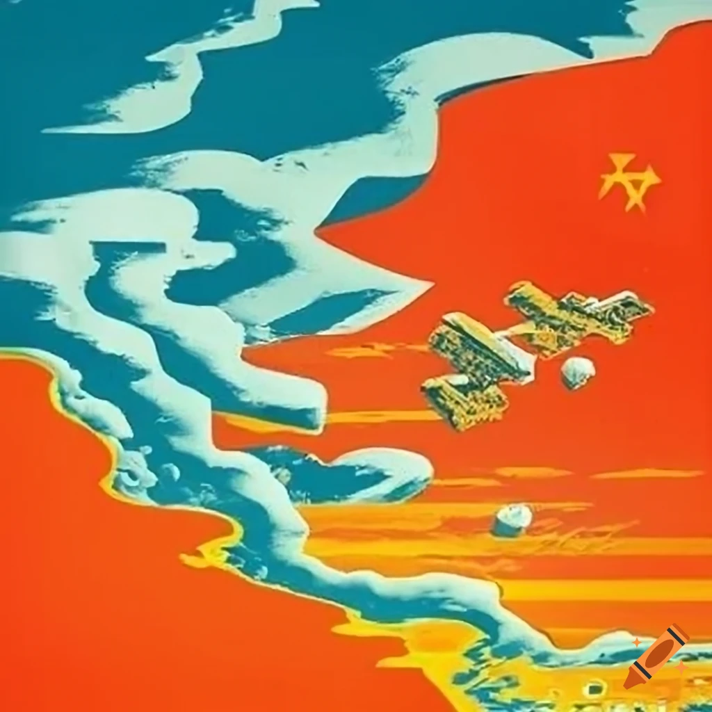 Soviet propaganda style poster featuring science and water elements on ...