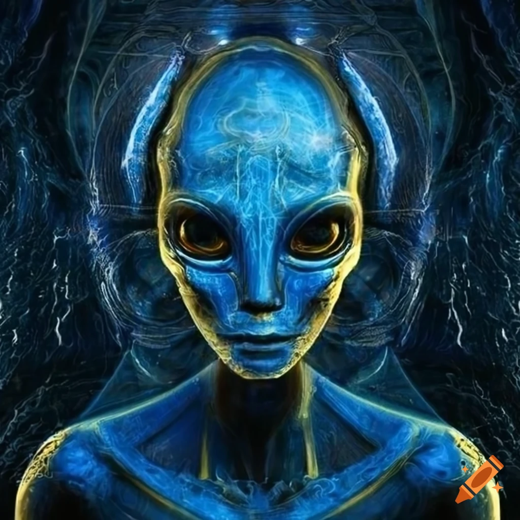 Detailed blue and gold alien in an abstract space setting on Craiyon
