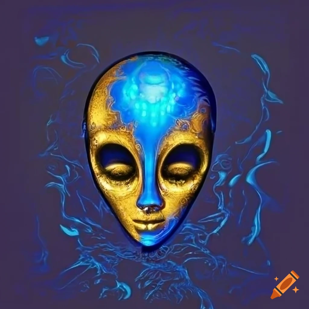 Intricately detailed blue and gold alien design on a dark indigo ...