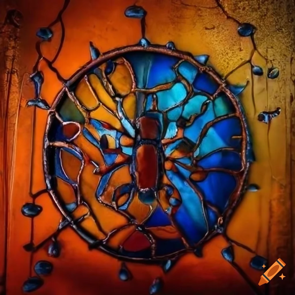 Joro Spider stained glass copper metal tribal art in blue, yellow, and ...