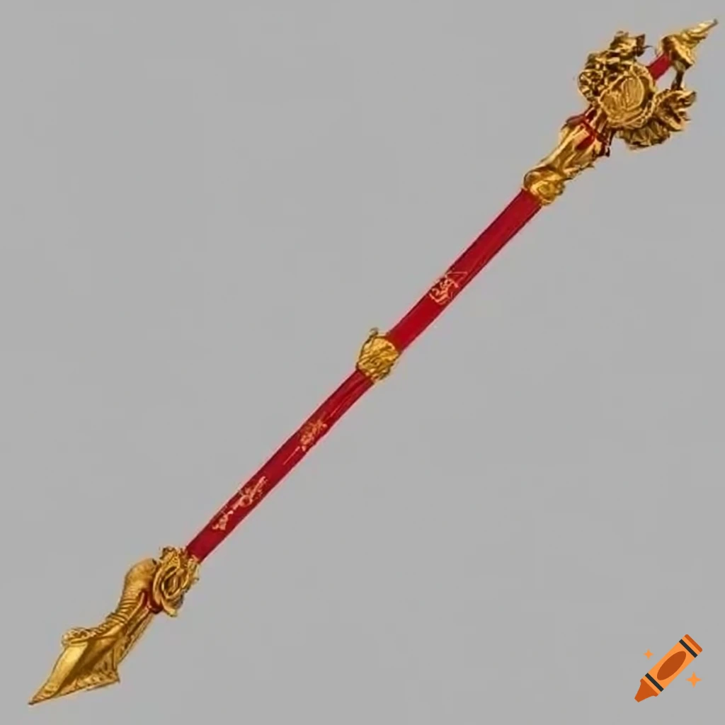 Intricately detailed ancient staff with gold and red designs and a ...