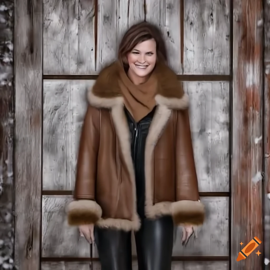 British actress Nikki Sanderson look-alike in sheepskin bomber jacket ...