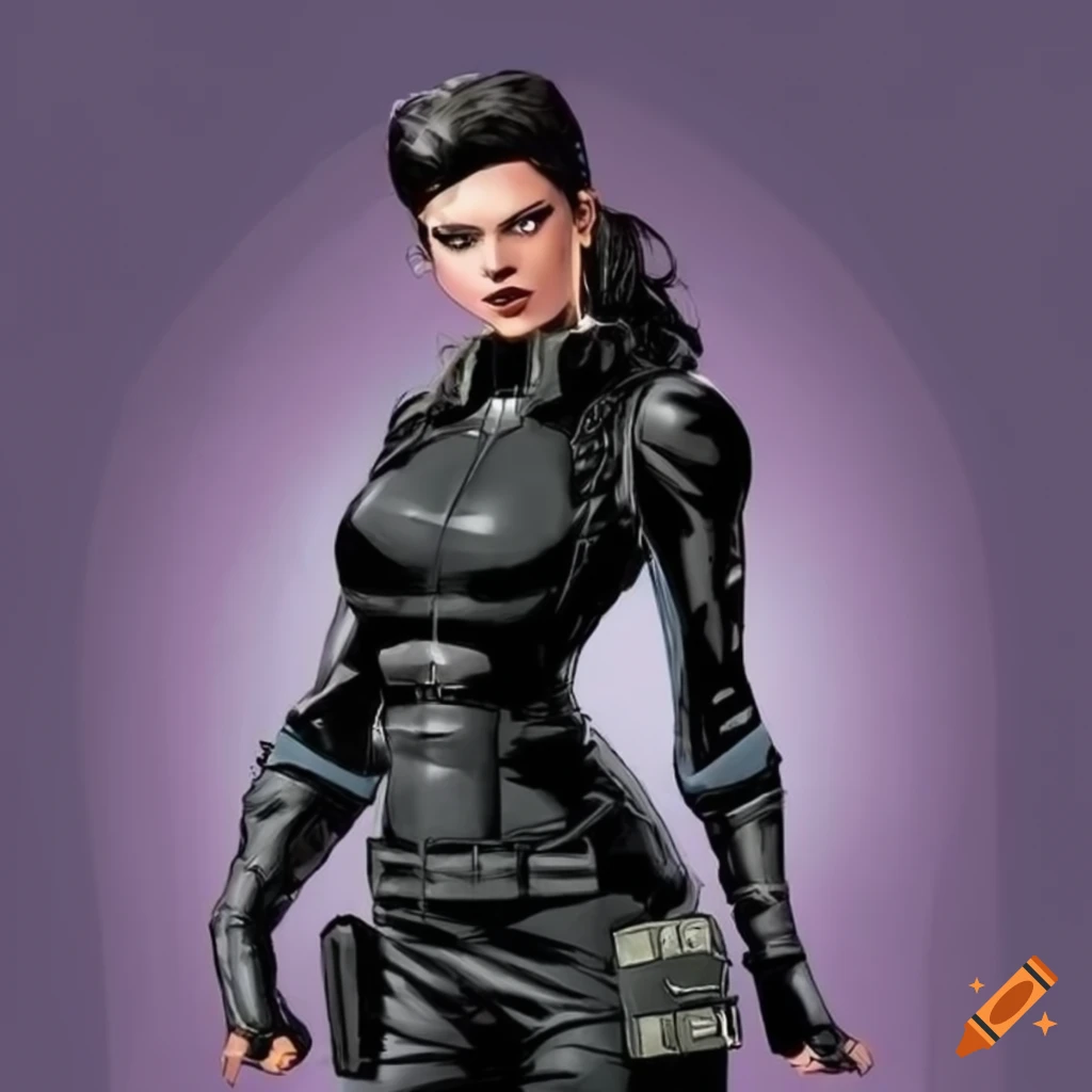 Comic book female character in black jacket operative costume on Craiyon