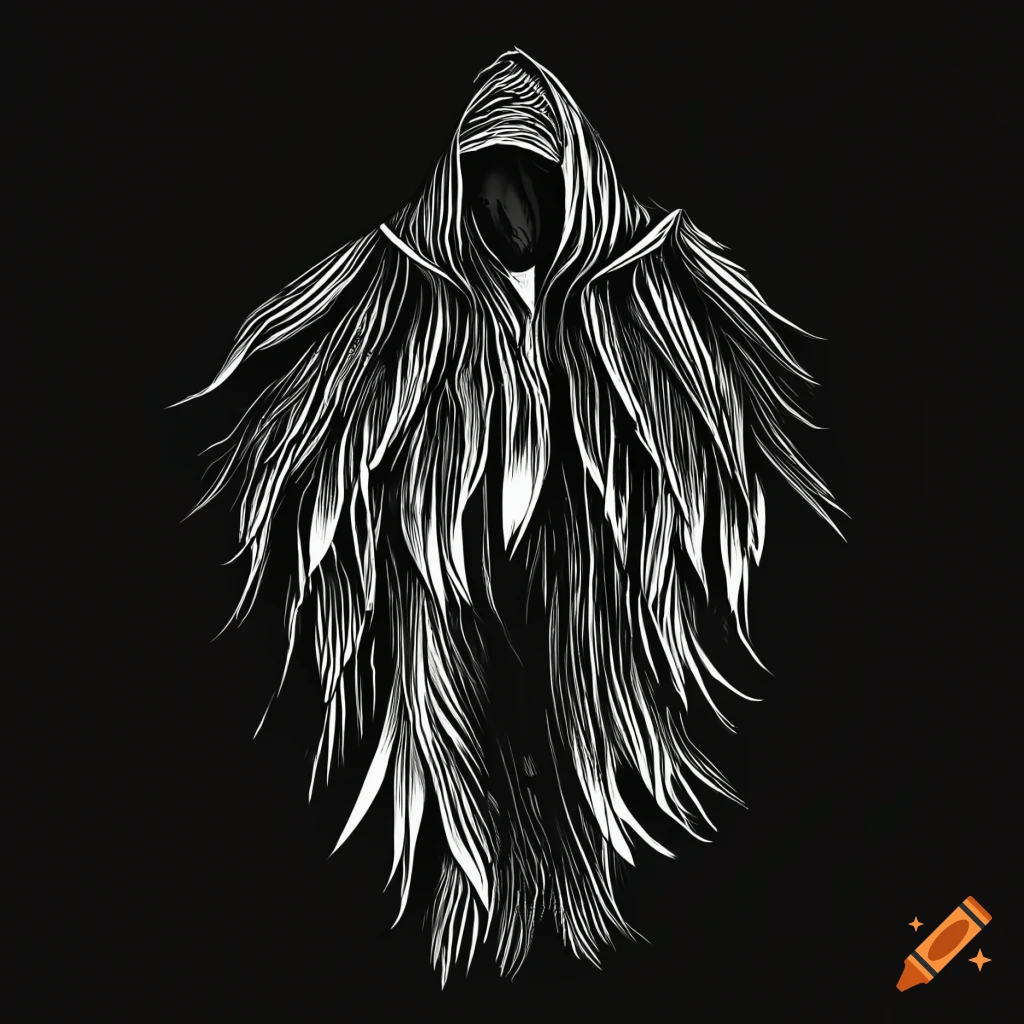 Hooded cloak made of crow feathers in black and white line art on Craiyon