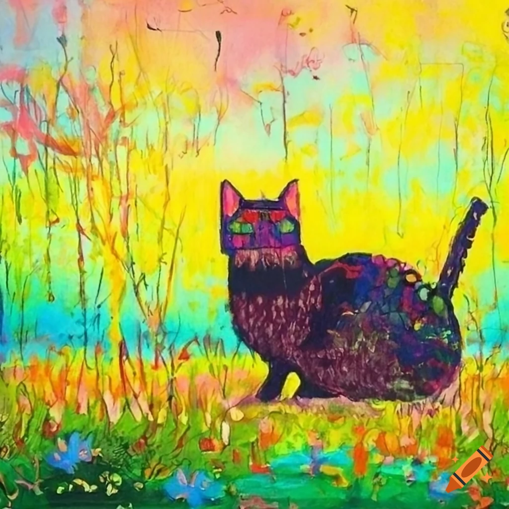 Primitive naive art depicting cats and nature scenery in colored pencil ...