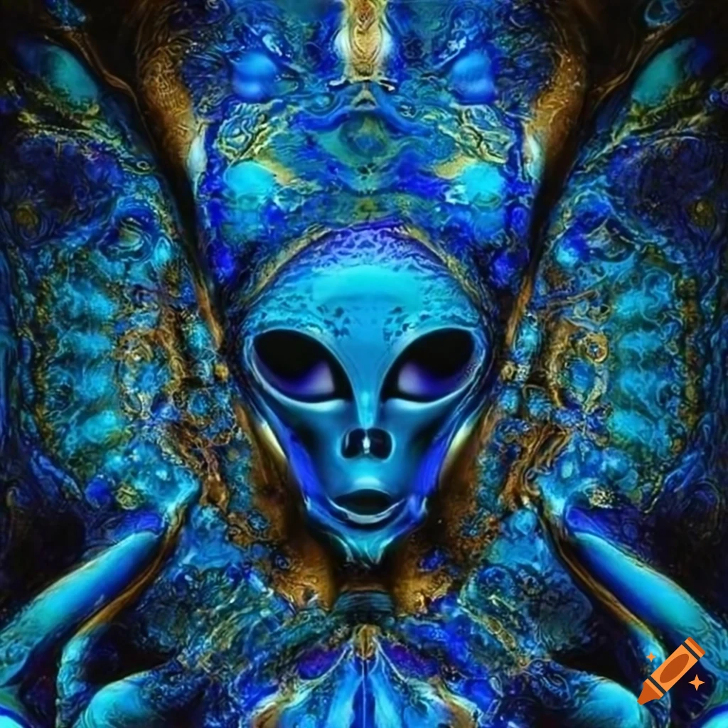 Intricately detailed blue and gold alien design on a dark indigo ...